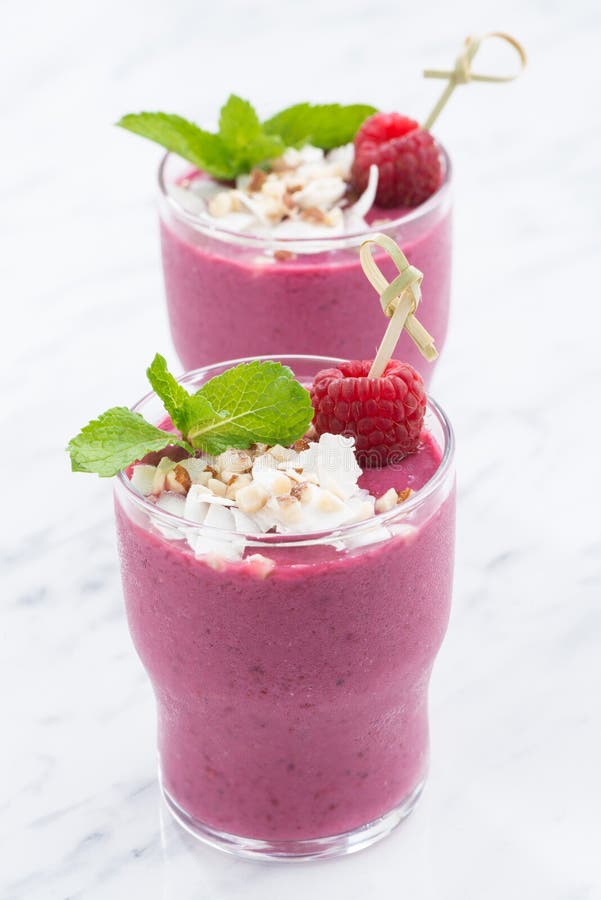 Berry Smoothie in a Glass Beakers, Vertical Stock Image - Image of ...