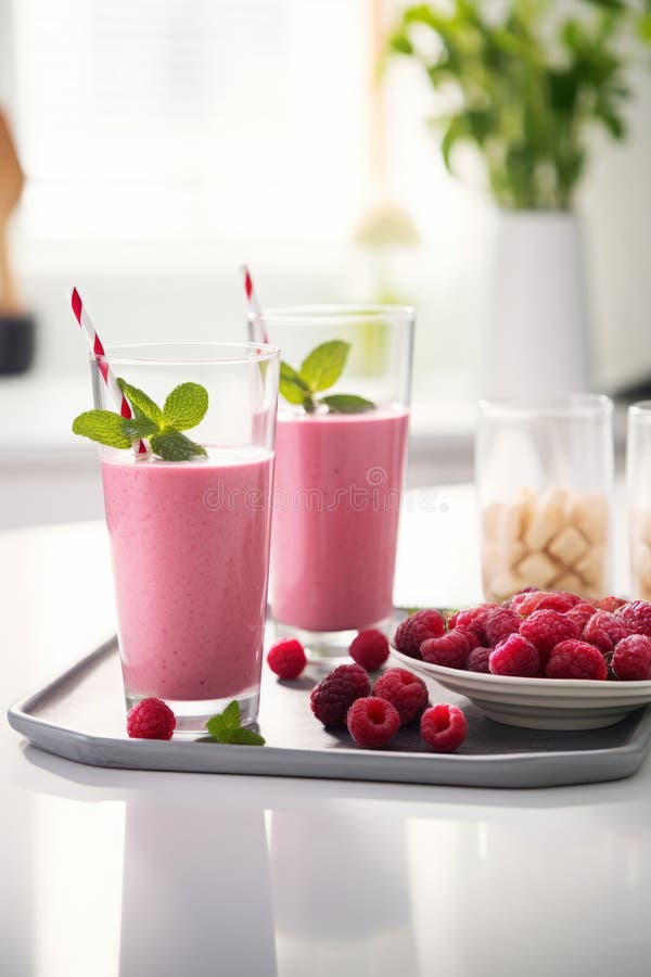 Berry Smoothie in Glasses in Two Glasses in White Modern Kitchen with ...