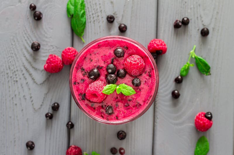 Berry Smoothie with Mint, Blueberry and Raspberry, Top View Stock Image ...