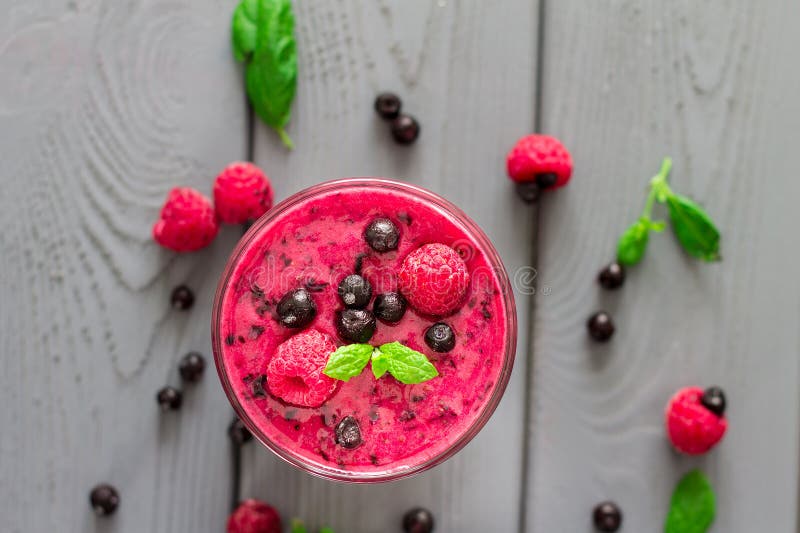 Berry Smoothie with Mint, Blueberry and Raspberry, Top View Stock Image ...