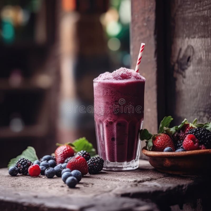 Berry Smoothie on Stone in Rustic Pub. Generative AI Stock Illustration ...