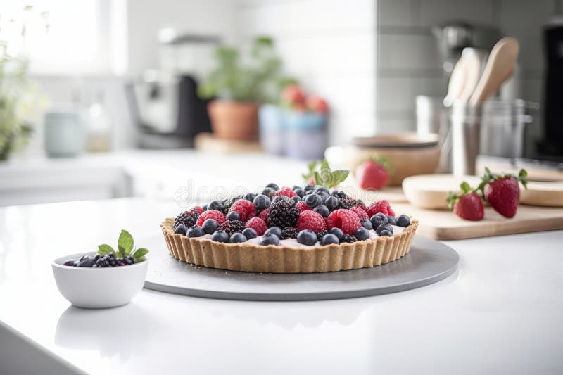 Berry Tart in a White Modern Kitchen with Raspberries and Blueberries ...