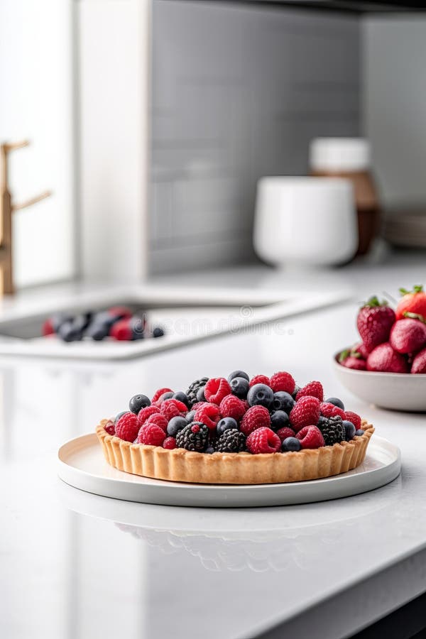 Berry Tart in a White Modern Kitchen with Raspberries and Blueberries ...