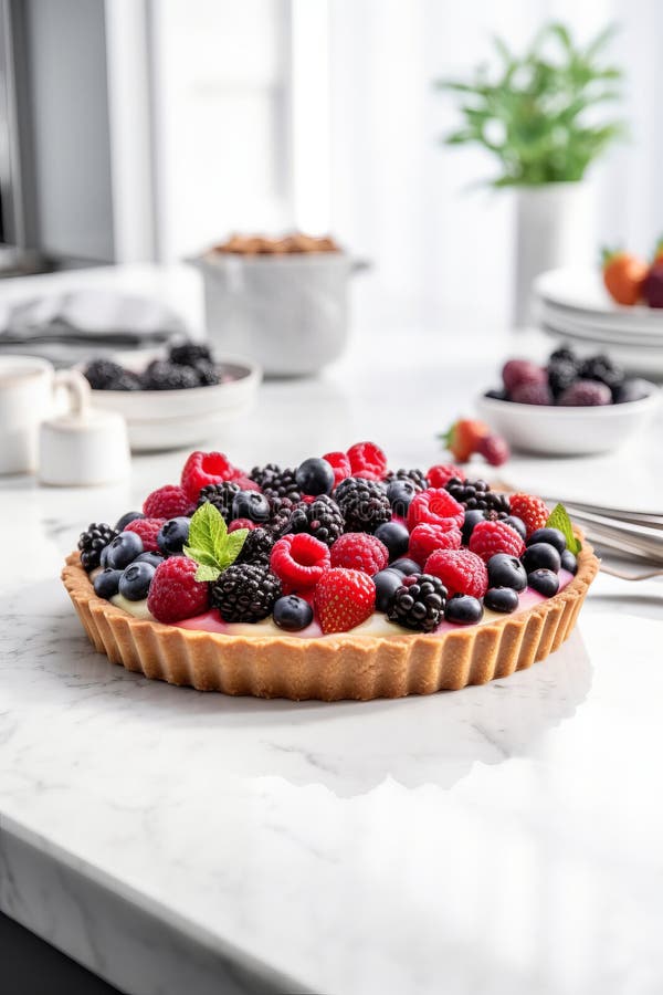Berry Tart in a White Modern Kitchen with Raspberries and Blueberries ...