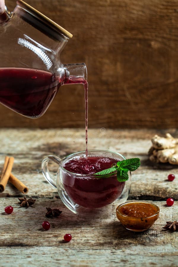 Berry Tea, Glass of Fresh Drink Fruit Tea with Mint and Honey. Place ...