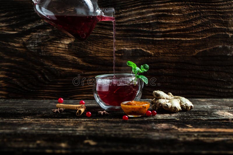 Berry Tea, Glass of Fresh Drink Fruit Tea with Mint and Honey. Place ...