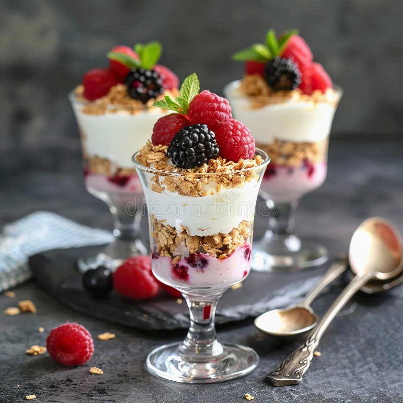 Berry Yogurt Parfaits with Granola on Rustic Table Stock Photo - Image ...