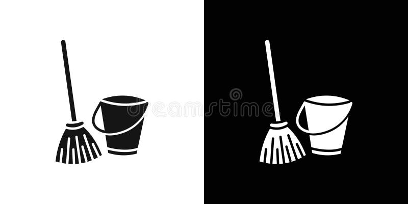 Besom with Stick and Pail Icon Flat Vector Set Outline Stock Vector ...