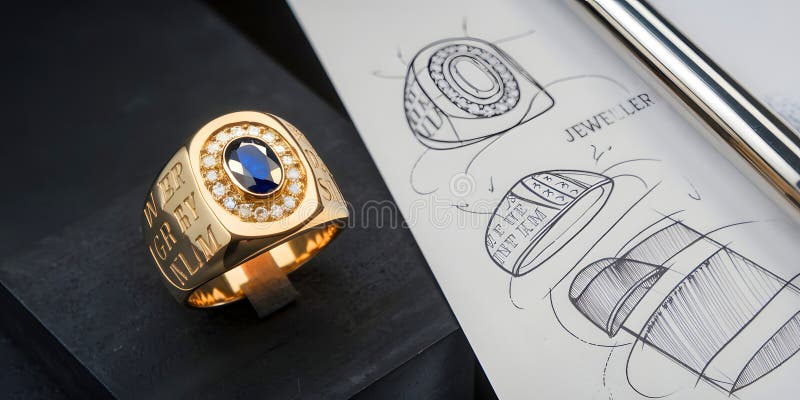 Bespoke Gold Ring Featuring Engraved Initials and Center Sapphire ...