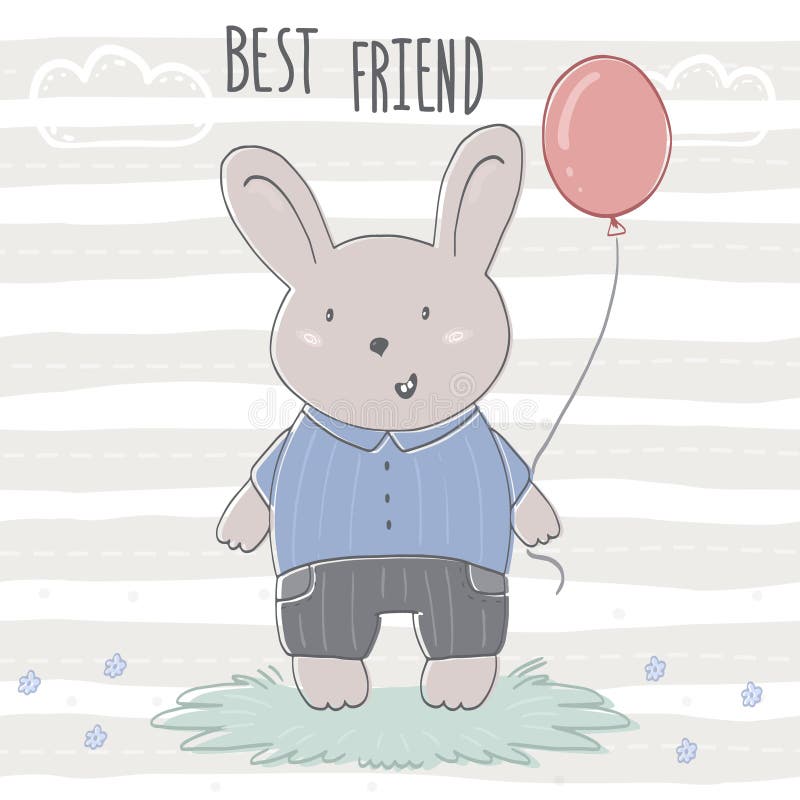 Best Friend Card. Hand Drawn Vector Illustration of Cute Rabbit and ...