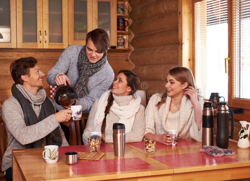 Best Friends Drinking Hot Tea in Cosy Kitchen at Winter Cottage Stock ...