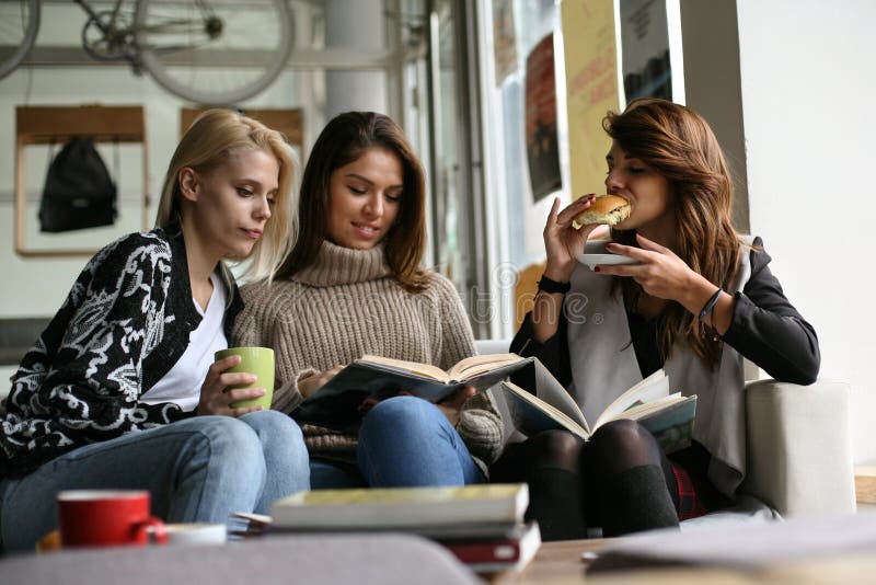 Students learning in cafe. stock image. Image of friends - 119775383