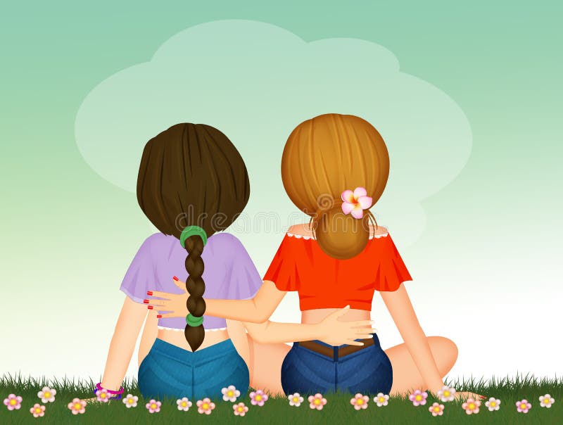 Best Friends Sitting on the Grass Stock Illustration - Illustration of ...