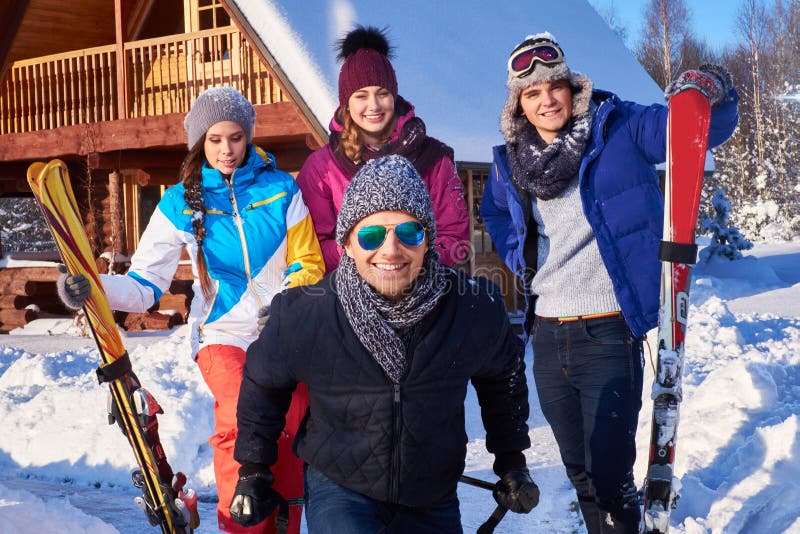 Best Friends Spend Winter Holidays at Mountain Cottage Stock Photo ...