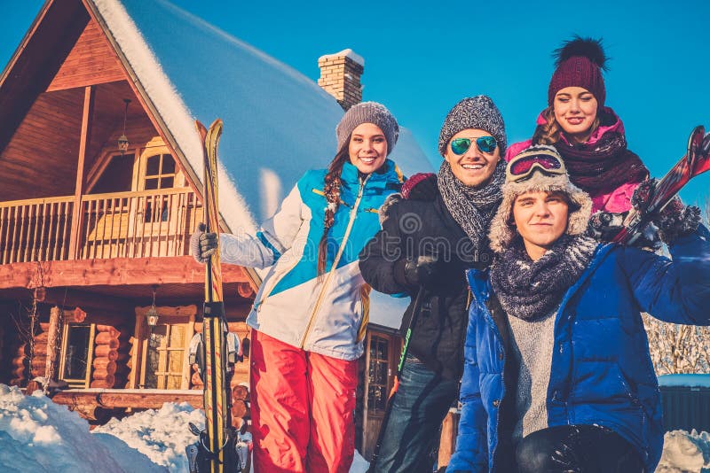Best Friends Spend Winter Holidays at Mountain Cottage. Stock Image ...