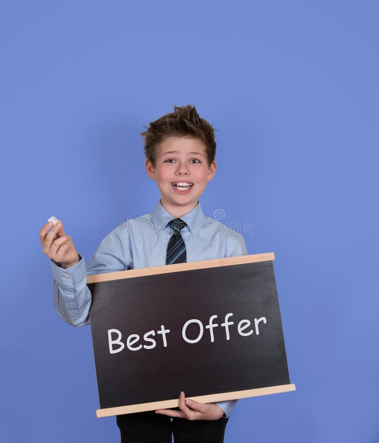 Best Offer Concept. Boy with Blackboard Slate on Blue Background. Stock ...