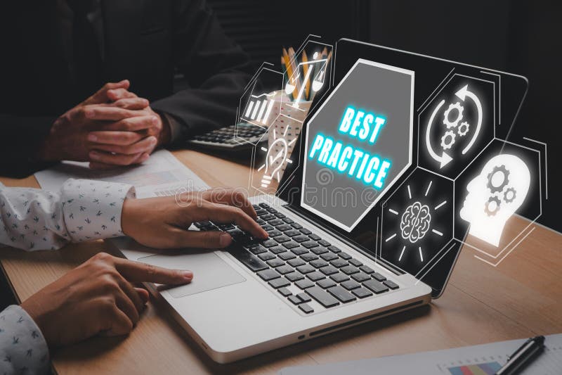 Business Team Working on Laptop Computer with Best Practice Icon on ...