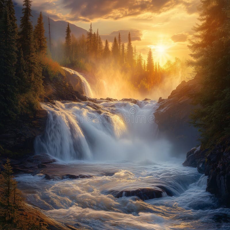 Best Scenery of Waterfall in the Sunset Glorious Stock Illustration ...