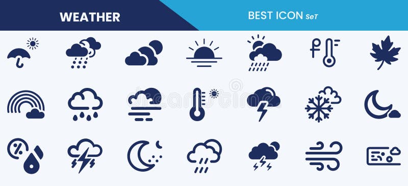 Best Weather Icon Set Collection. Rain, Summer, Storm, Degrees, Wind ...