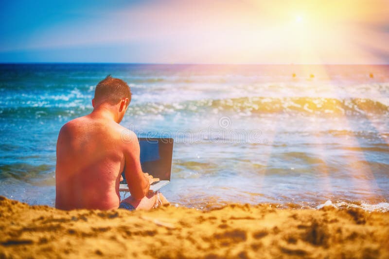 The Best Work. Businessman with Tablet Computer Working Remotely during ...