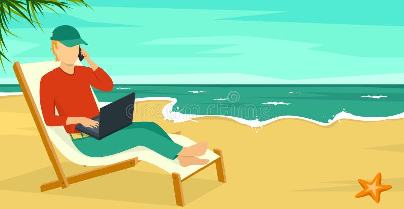 Best Work Concept Beach Summer Sea with Man and Laptop Stock Vector ...