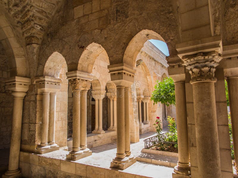 BETHLEHEM, ISRAEL - JULY 12, 2015: the Gothic Corridor of Atrium Stock ...