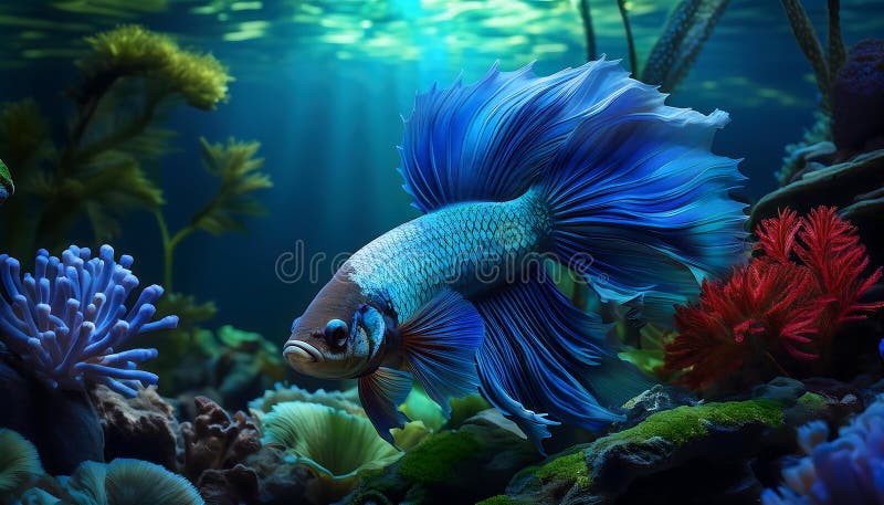 Betta Fish in an Aquarium with Blue and Green Corals, Creating a ...