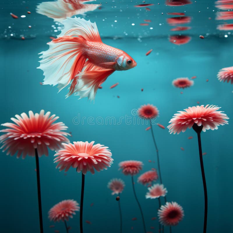 Betta Fish in the Aquarium with Red Flowers and Red Fish. Stock ...