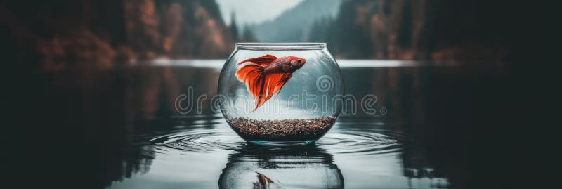 Betta Fish in Glass Bowl with Scenic Waterfall Background - Tranquil ...