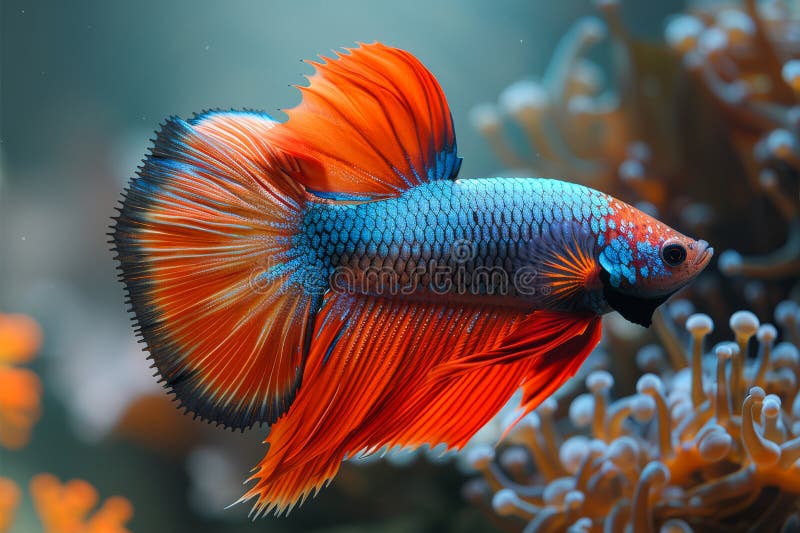 Betta Fish in Tank with Corals. Beautiful Red and Blue Betta Fish Stock ...