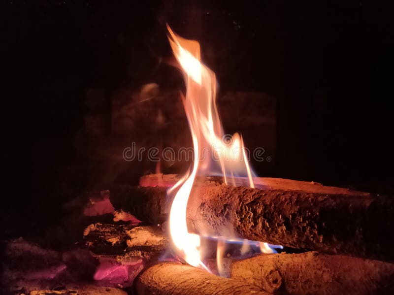 Wood fire with blue flames stock photo. Image of night - 250459658