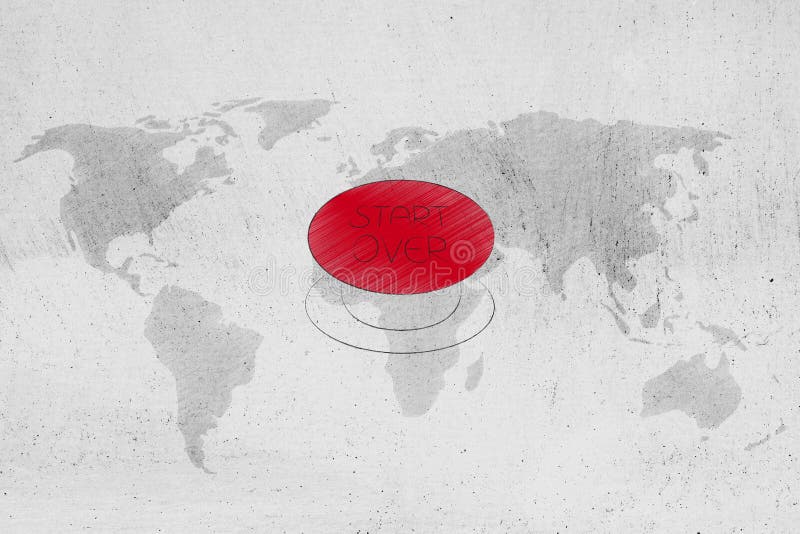 World Map with Red Start Over Button Stock Image - Image of society ...