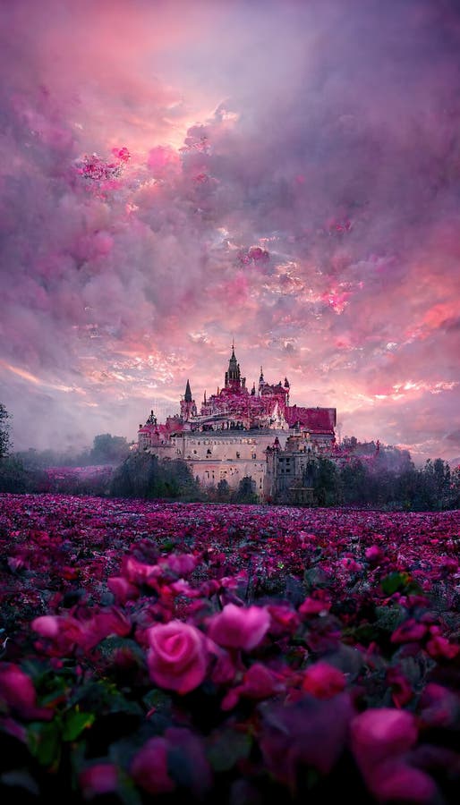 Beutiful Pink Sunset at the Castle Surrounded by Roses Field Stock ...