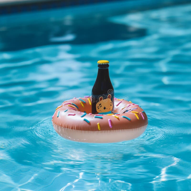 Beverage Float on Donut-shaped Inflatable in Clear Pool Water Stock ...