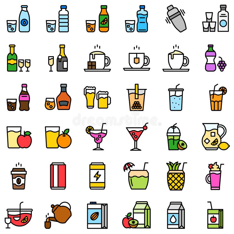 Beverage Vector Illustration Set, Filled Icon Editable Stroke Stock ...