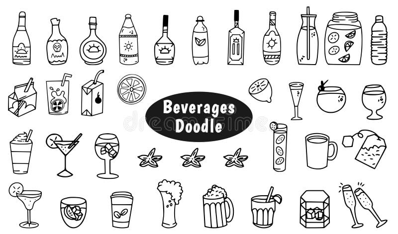 Beverages Doodle Hand Drawn Line Art Stock Illustration - Illustration ...
