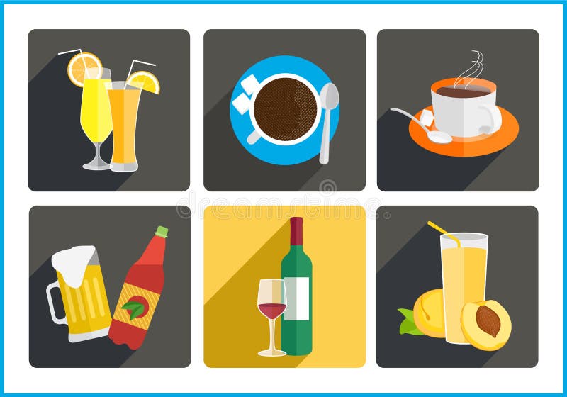 Beverages Flat Vector Icons Set Stock Vector - Illustration of glass ...