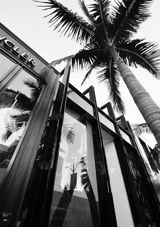 Beverly Hills Store Front with Palm Trees, Reflection, and Drama Stock ...