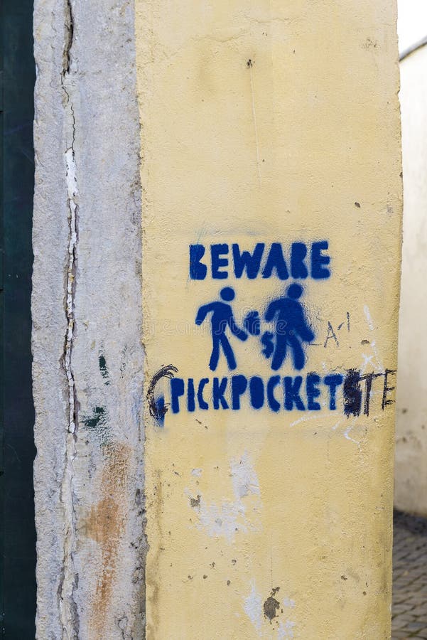 Beware of Pickpocket Sign on Wall Stock Image - Image of security ...