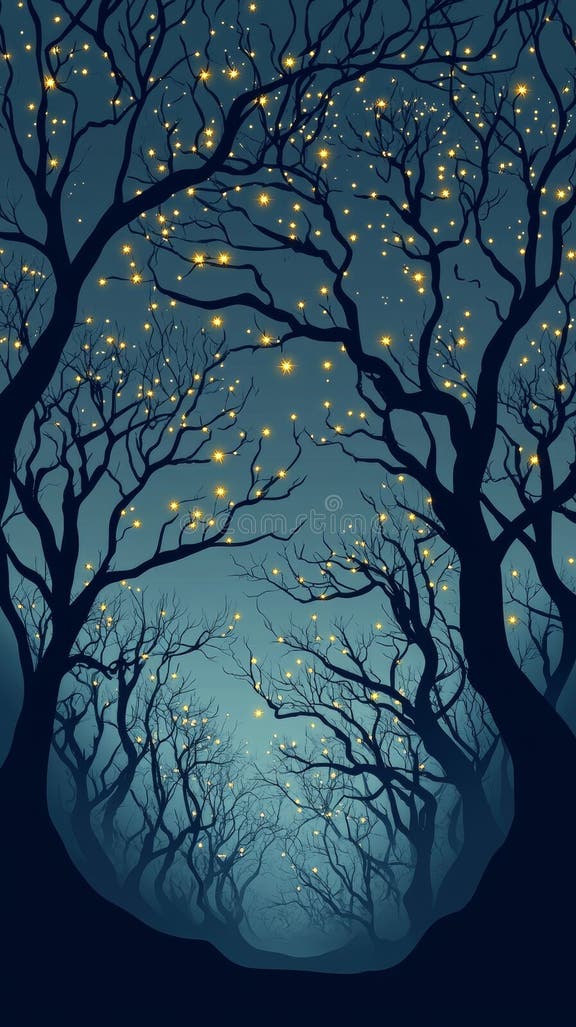 Bewitching Nighttime Forest Adorned with Golden Fireflies Stock Photo ...