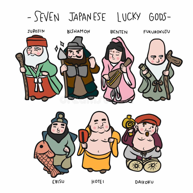 Seven Japanese Lucky Gods with Their Name Cartoon Doodle Set Stock ...