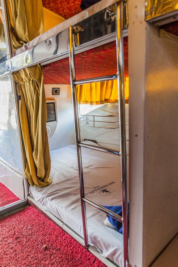 BHOPAL, INDIA - FEBRUARY 5, 2017: Interior of a Sleeper Bus in Ind ...