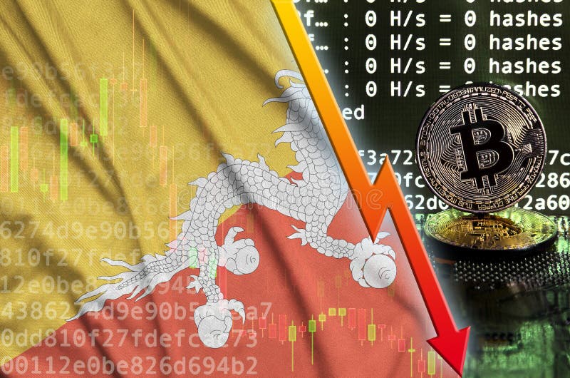 Bhutan Flag and Falling Red Arrow on Bitcoin Mining Screen and Two ...