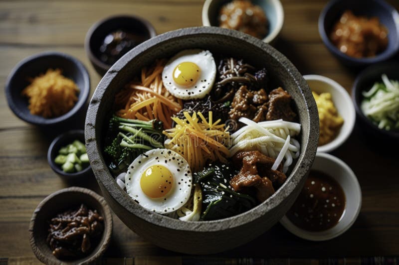 Bibimbap in Stone Pot with Assorted Side Dishes Generated by Ai Stock ...
