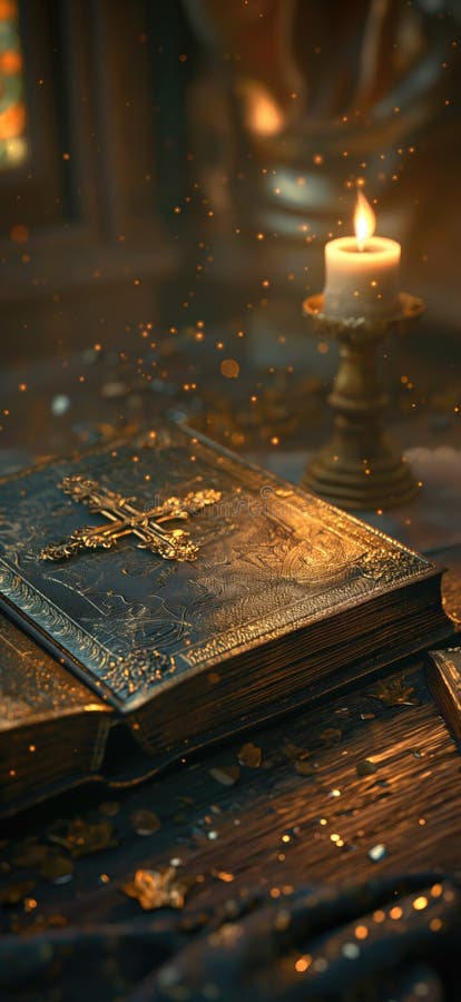 Bible. Ancient Holy Bible with a Cross on the Cover Lying on a Desk ...