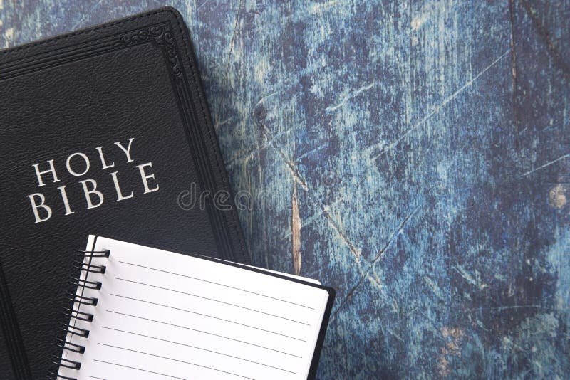 A Bible and Note Book for Study on a Blue Wooden Table Stock Photo ...