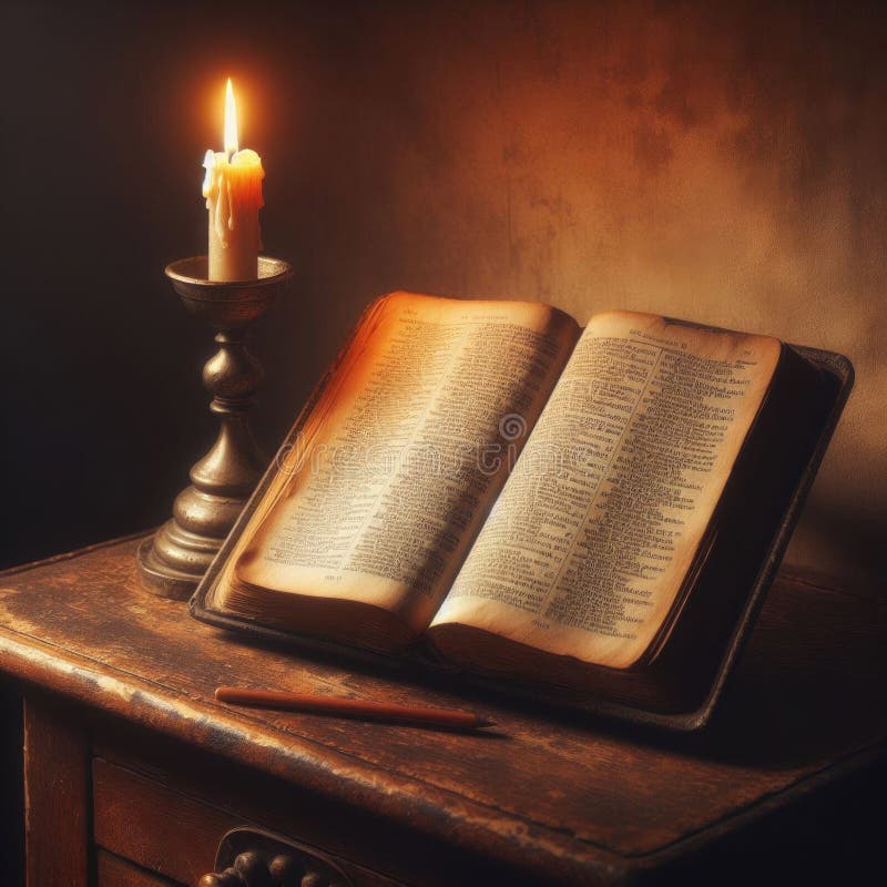 Bible Open at a Verse, Lit by Single Candle in Neutral Background Stock ...