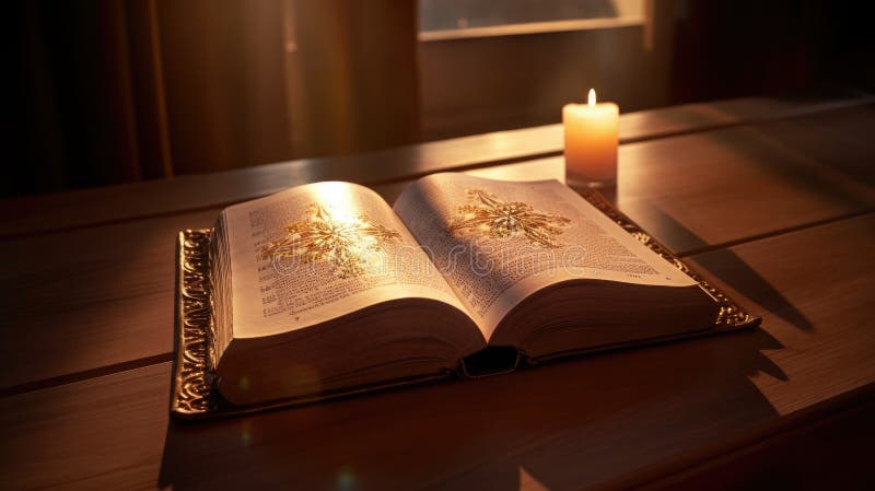 Bible, Shining Holy Bible on the Wooden Table. Generative Ai Stock ...