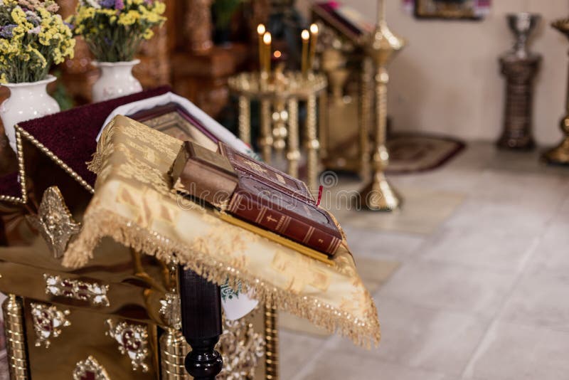 The Bible on the Table at the Priest in the Church Stock Photo - Image ...