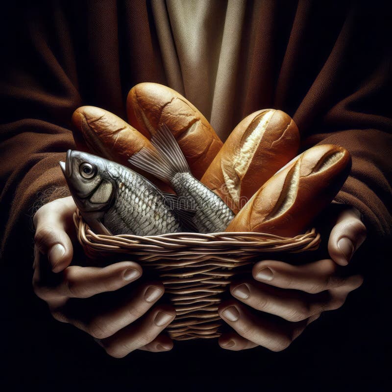 Basket Containing 5 Loaves And2 Fish Stock Illustration - Illustration ...